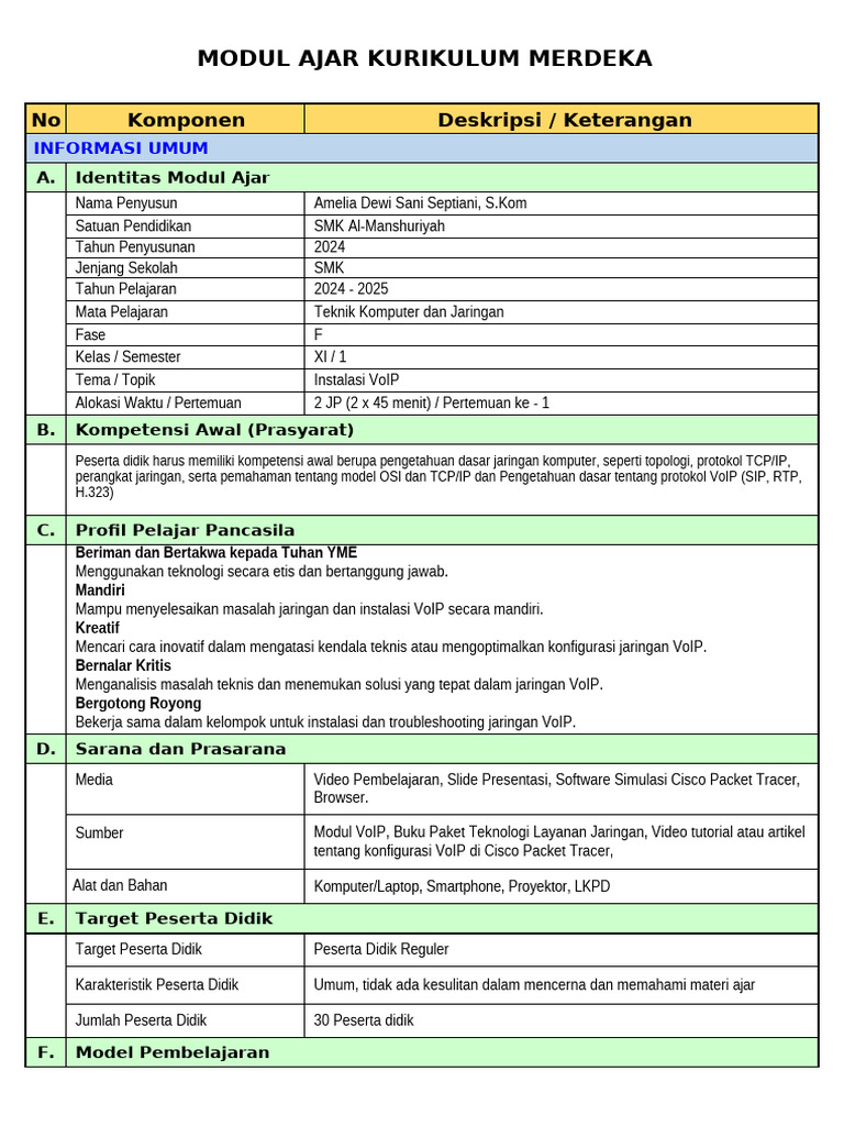 Template - Teaching Module or Modul Ajar Kurikulum Merdeka - YES | PDF