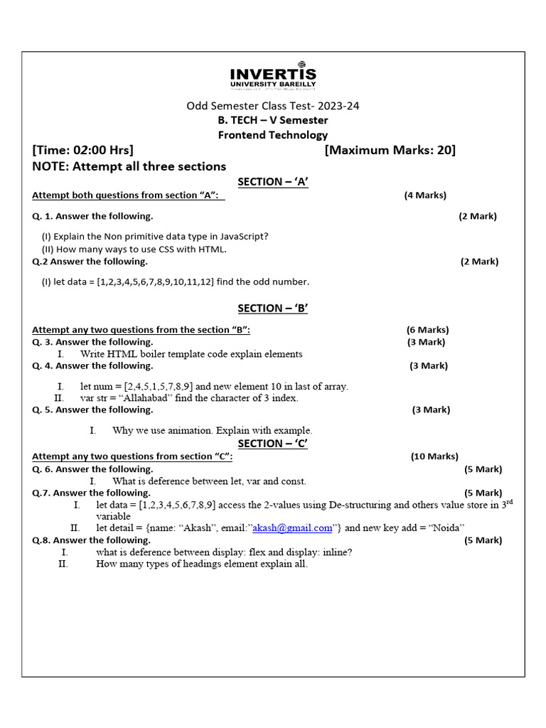 Class Test 3rd Yr Frontend A | PDF | Object Oriented Programming ...