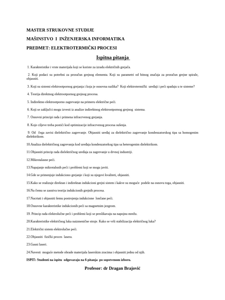 Ispitna Pitanja - Master Strukovne Studije-Mašinstvo | PDF