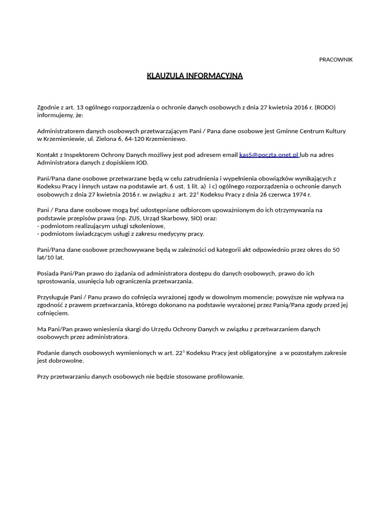 Klauzula Informacyjna Pracownik | PDF
