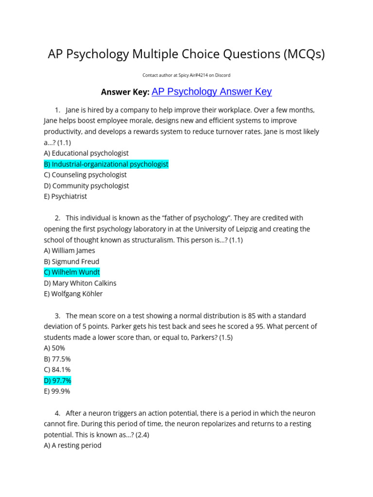 AP Psychology Practice MCQs Form | PDF | Id | Psychology