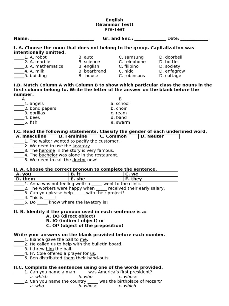 G7-Pretest - Vocab and Grammar | PDF | Grammatical Gender | Morphology