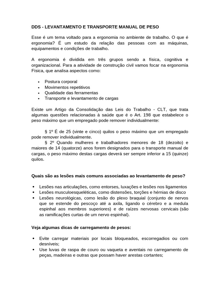 dds-levantamento-e-transporte-manual-de-peso | PDF | Fatores humanos e Ergonomia