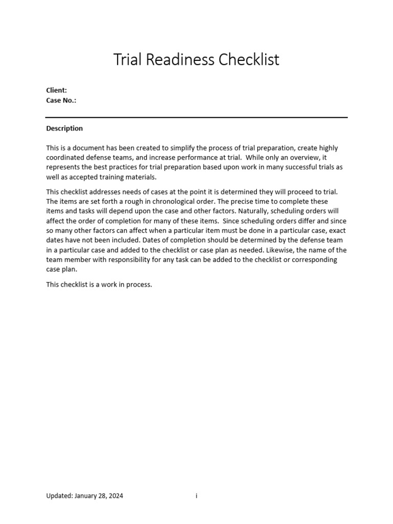 Trial Preparation Checklist Overview | PDF | Witness | Discovery (Law)