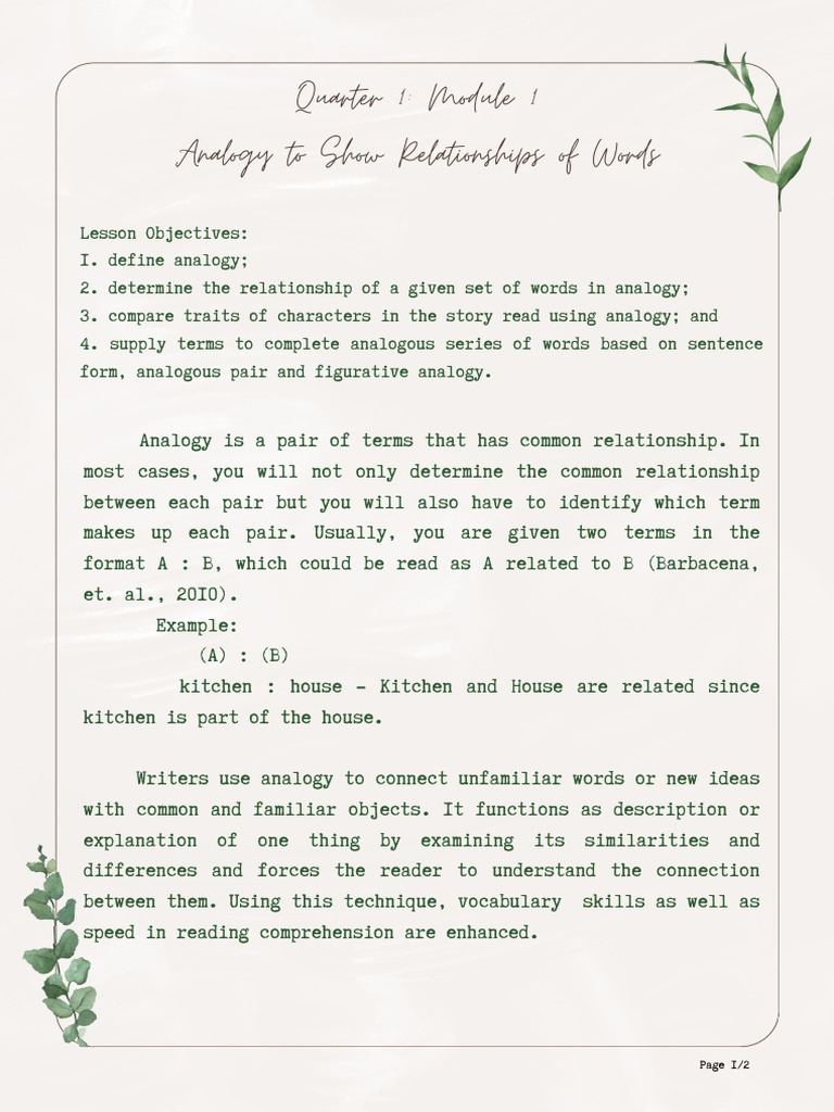 Understanding Word Relationships: Analogy | PDF | Analogy | Reading ...