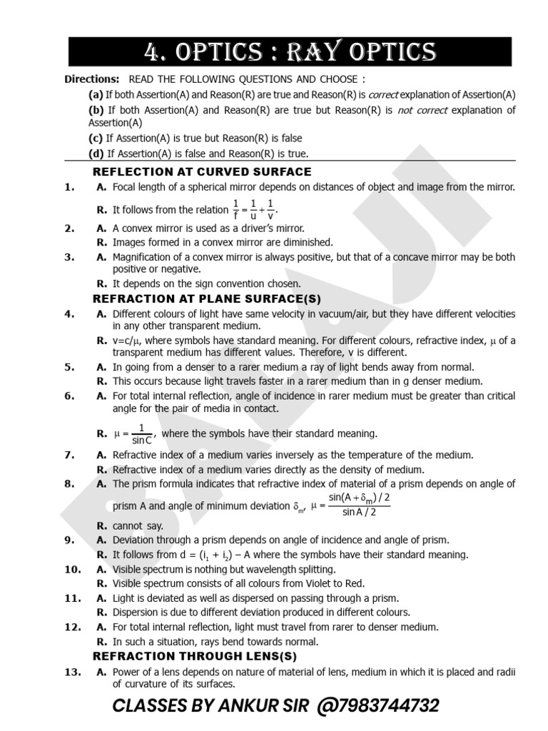Ray Optics ARQ | PDF | Refractive Index | Optics