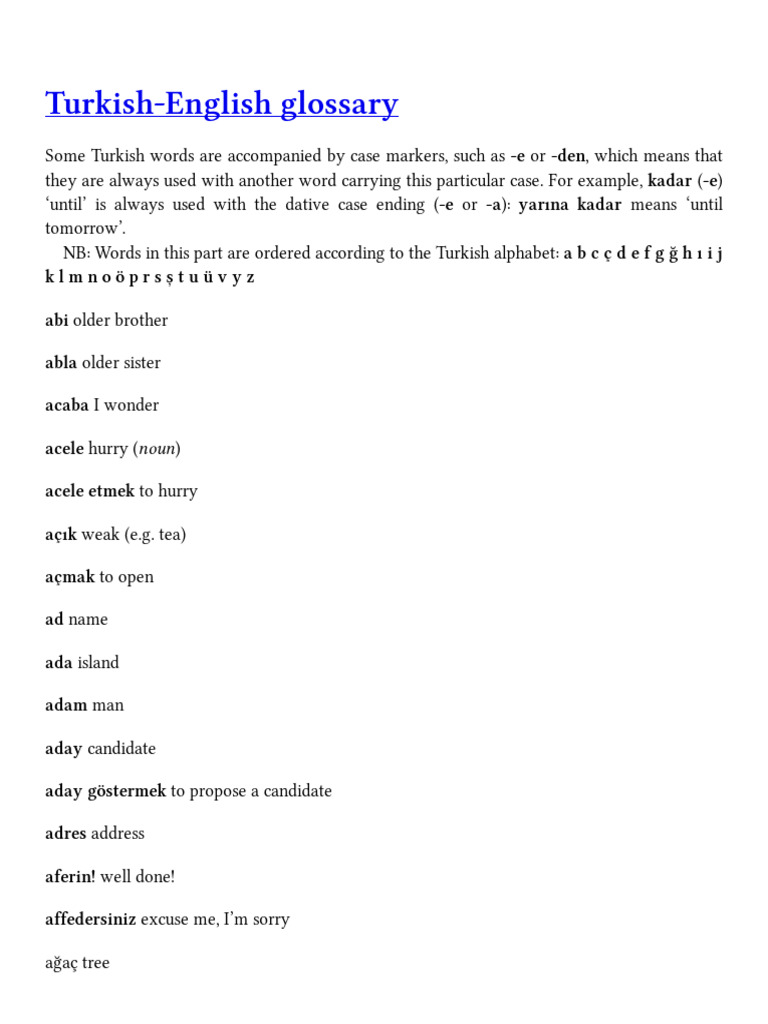 Turkish-English Vocabulary Guide | PDF