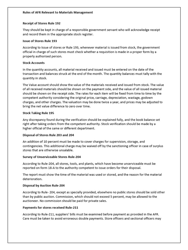 Rules of AFR Relevant To Materials Management | PDF | Auction | Receipt