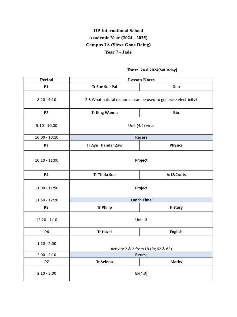 7-Jade Class Diary (August) .XLSX - Google Sheets - 2 | PDF