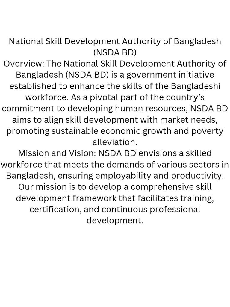 National Skill Development Authority of Bangladesh (NSDA BD) Overview ...