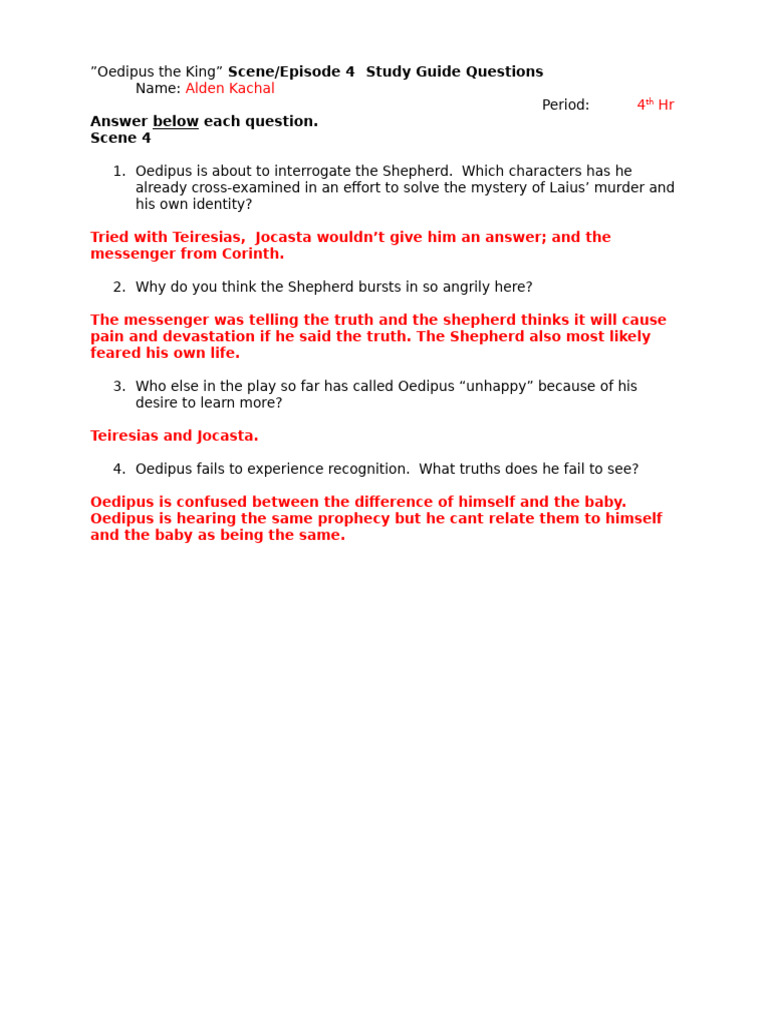 Oedipus Rex Scene 4 Study Guide Questions | PDF | Religion & Spirituality