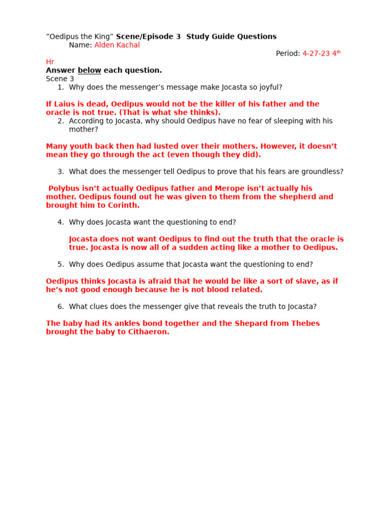 Oedipus The King Scene Eppisode 3 SG Questions Stucleaner | PDF