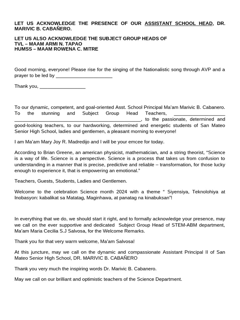 SCIENCE MONTH SCRIPT | PDF