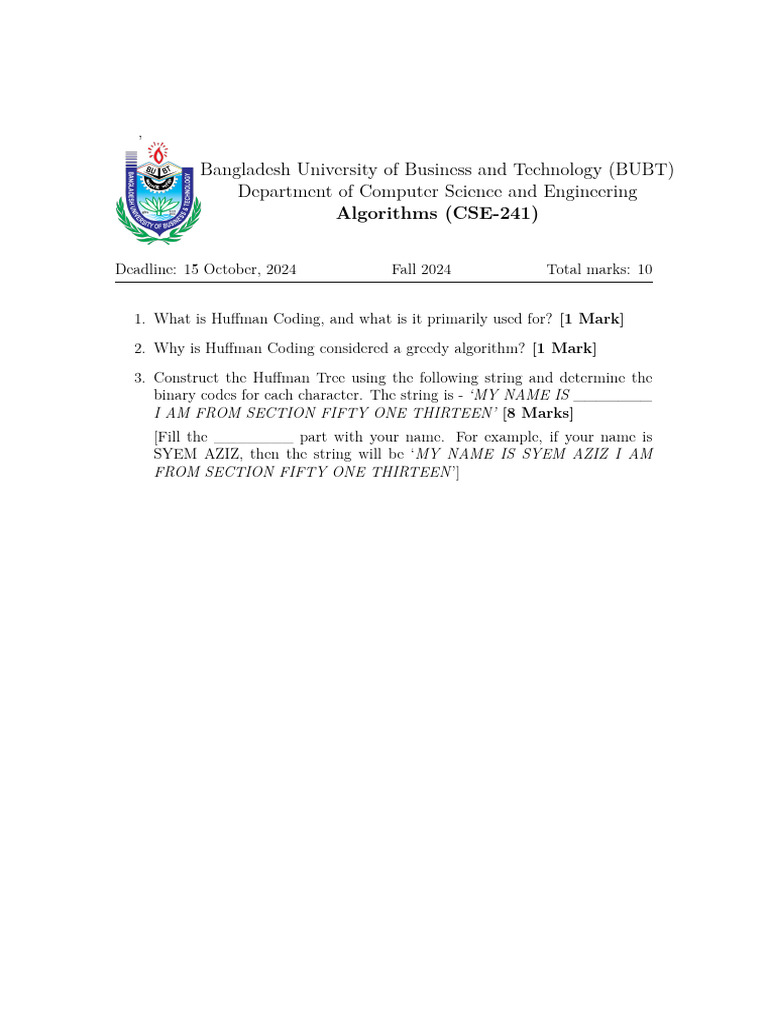 CSE-241 Huffman Coding Assignment | PDF