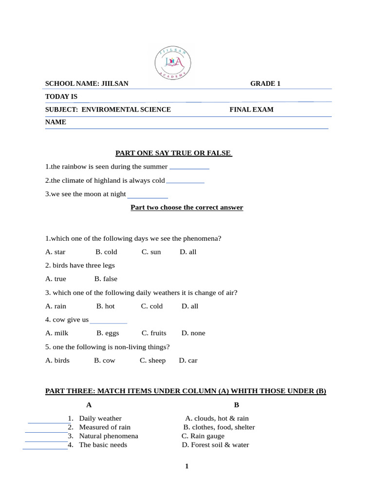 Final Examination GRADE 1 | PDF | Rain | Natural Environment