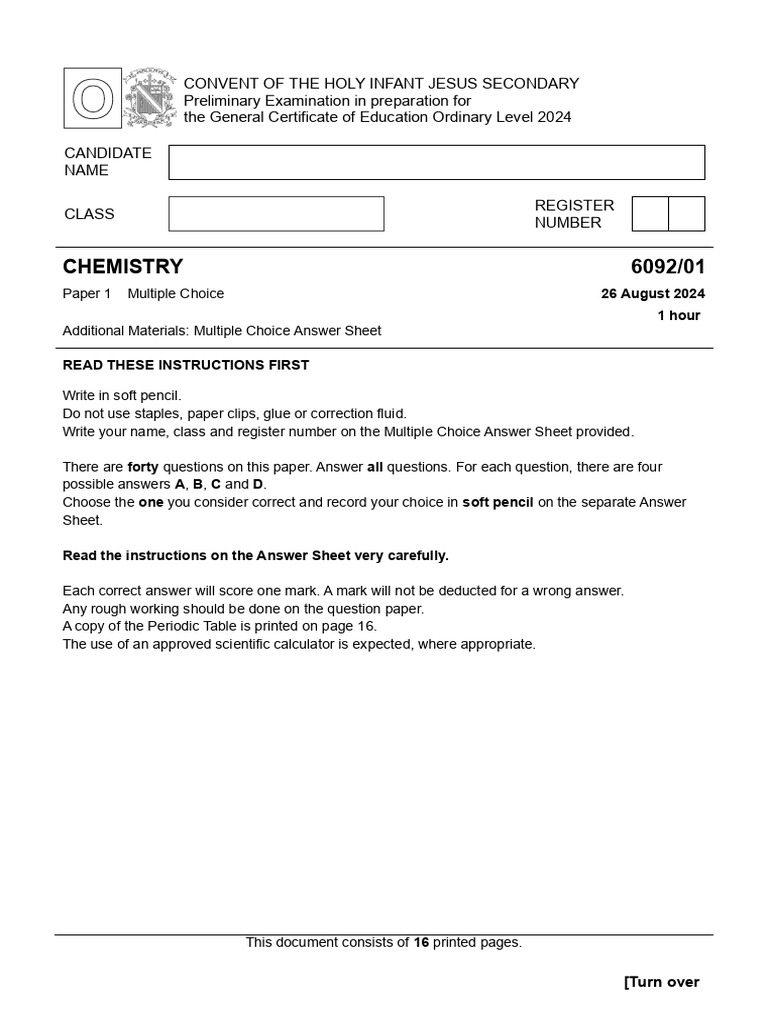 Chij Prelim 2024 Chemistry Paper 1 | PDF | Oxide | Acid