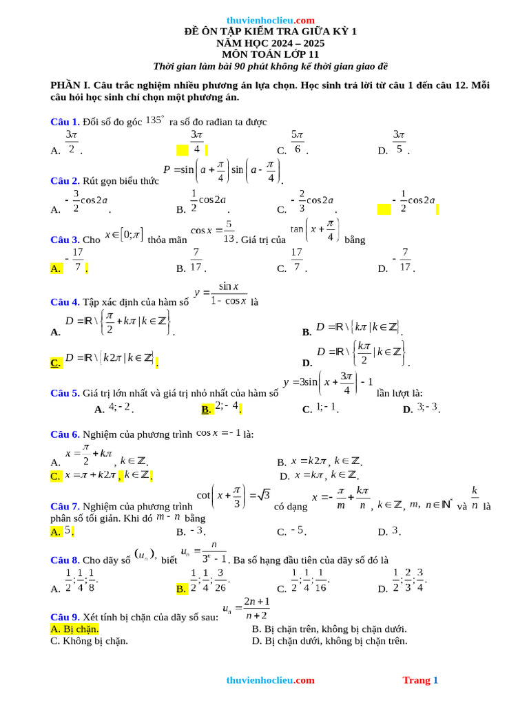 De On Tap Giua Ky 1 Toan 11 KNTT 24 25 | PDF