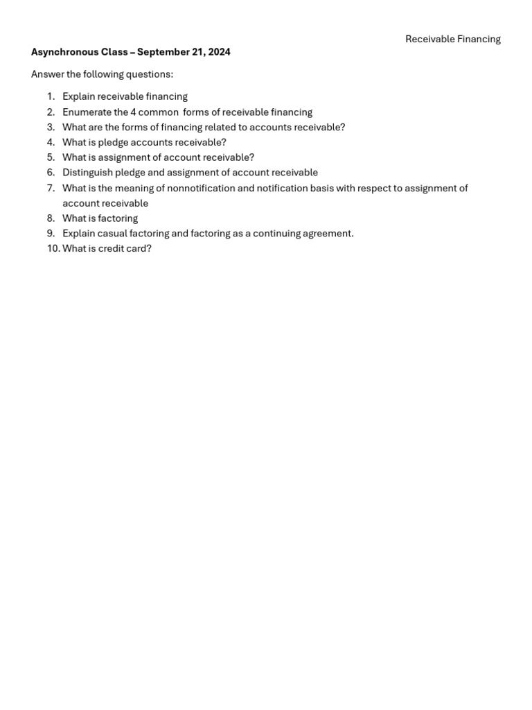 Asynchronous Class 09.21.24 Receivable Financing | PDF