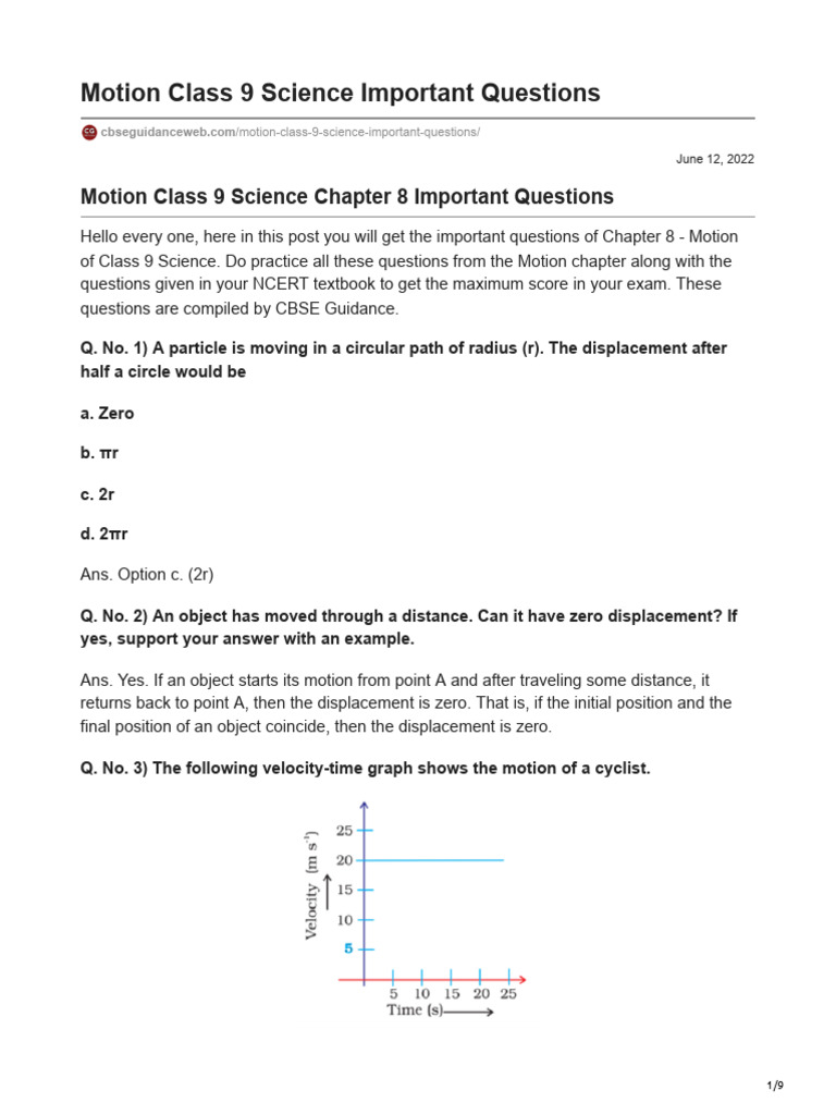 Motion Class 9 Science Important Questions | PDF | Speed | Velocity
