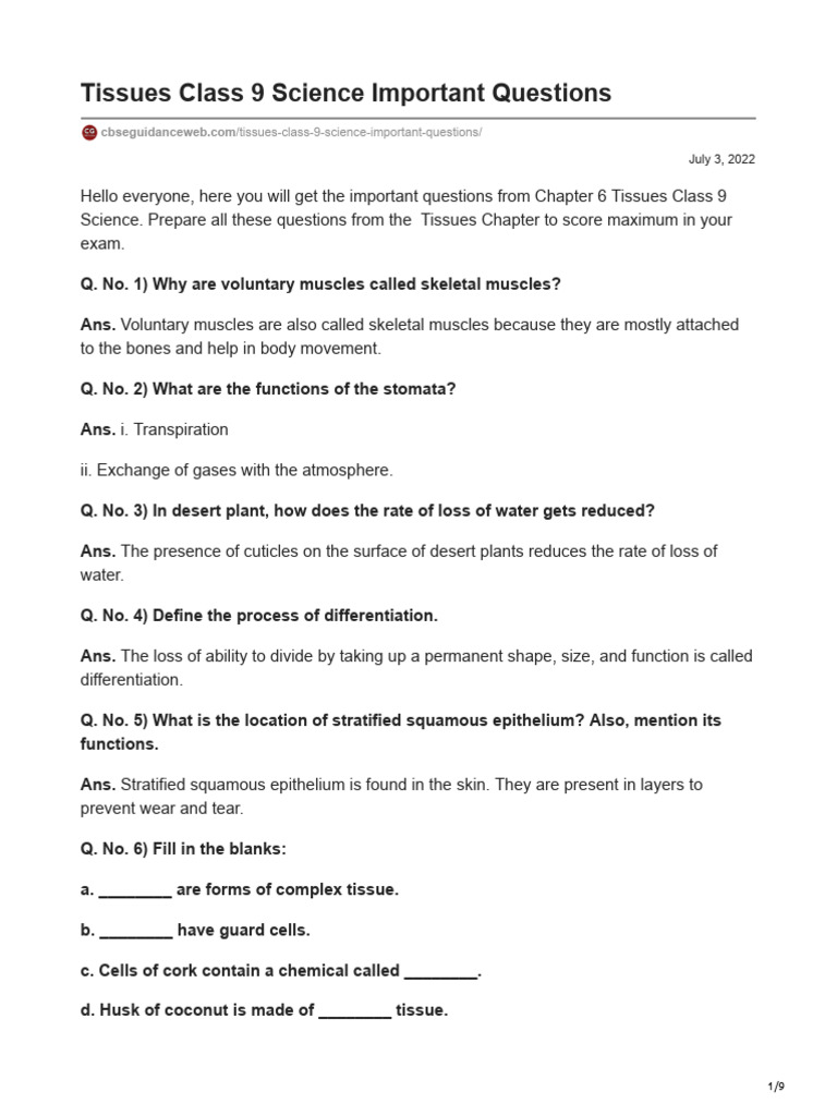 Tissues Class 9 Science Important Questions | PDF | Tissue (Biology) | Root