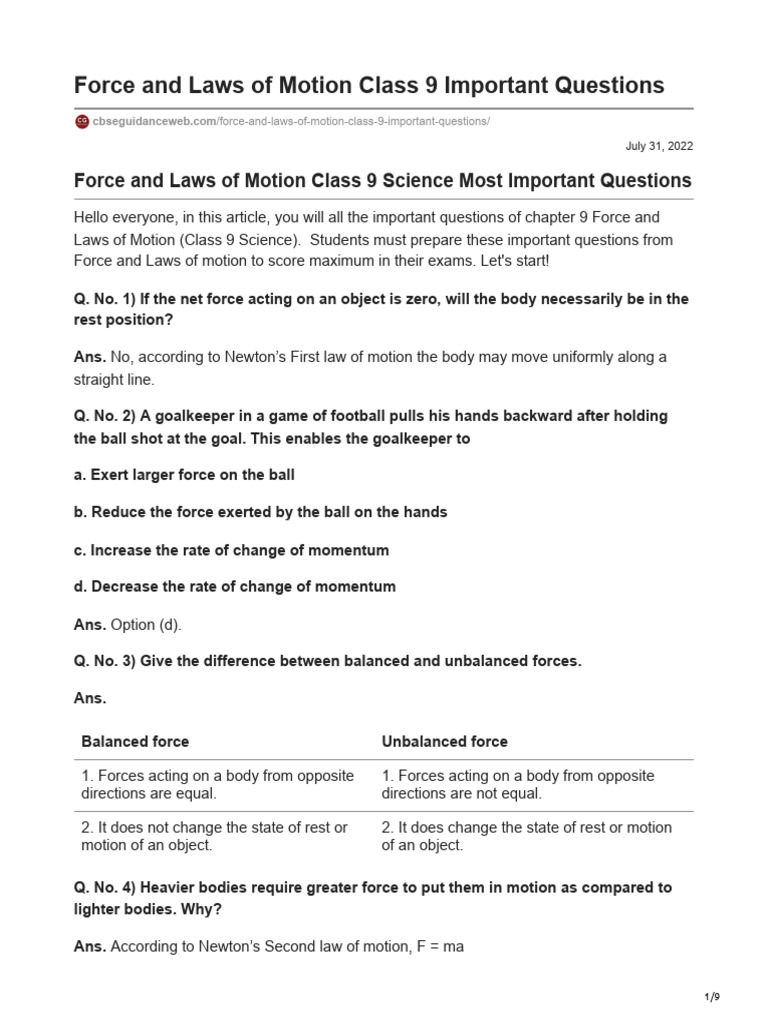 Class 9 Force and Motion Key Questions | PDF | Force | Momentum