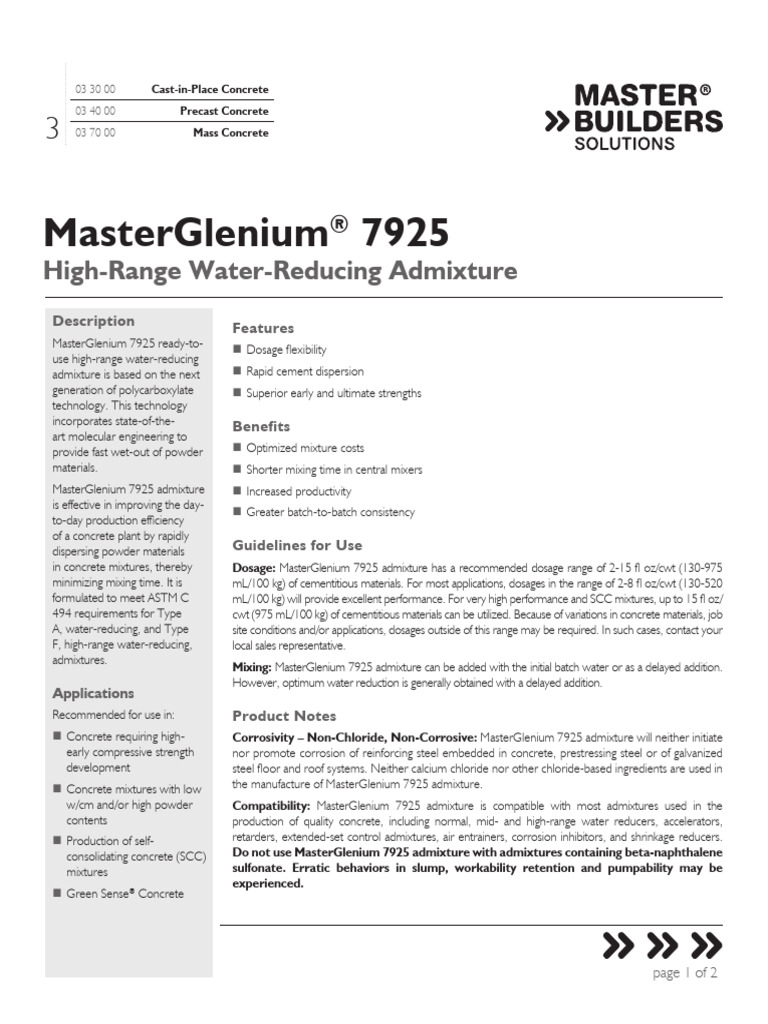 Mbs Masterglenium 7925 Tds | PDF | Concrete | Materials