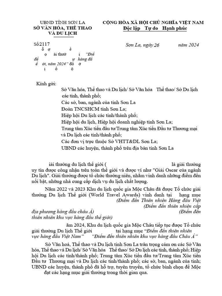 2117-Cv Tuyen Truyen Binh Chon Giai Thuong Du Lich The Gioi 2024 V | PDF