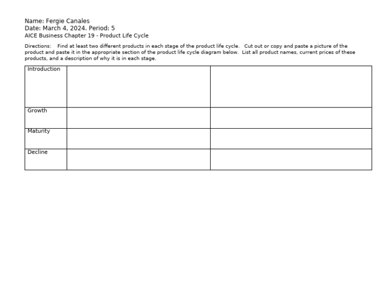Product Life Cycle Activity - Homework | PDF