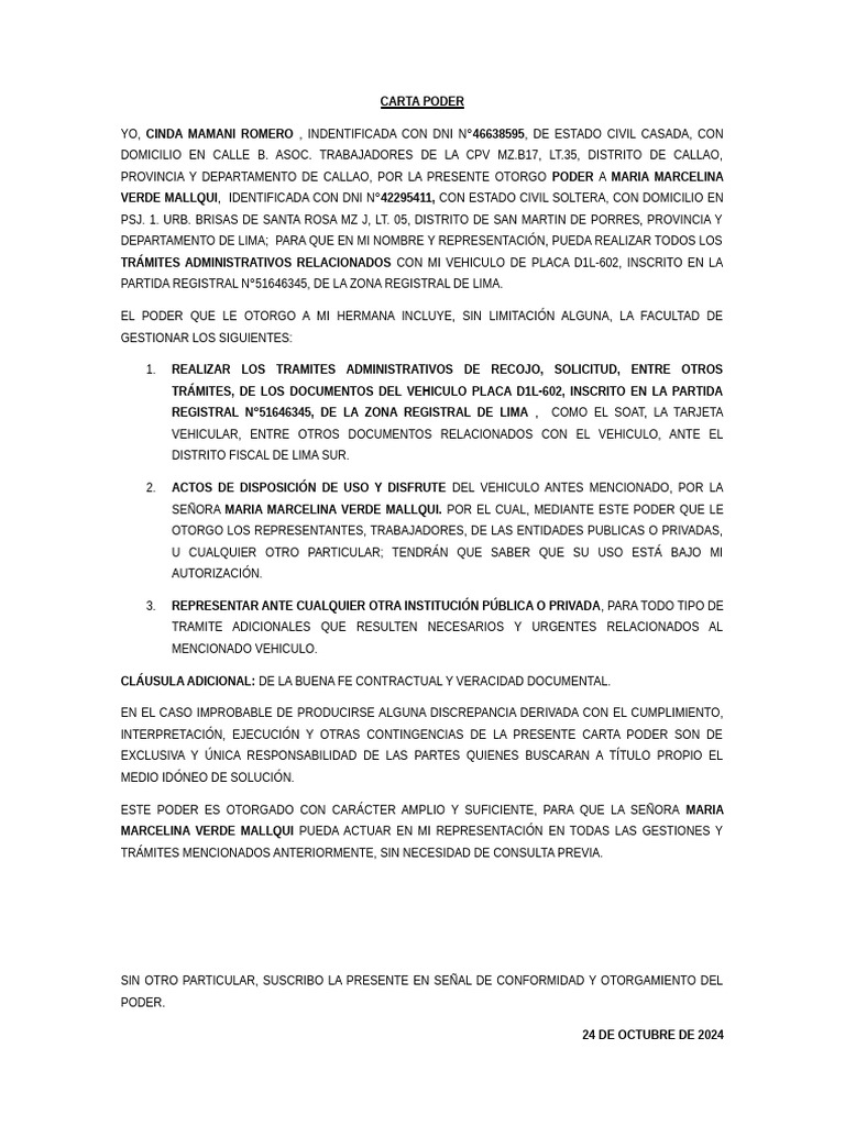 Carta - Poder para Recoger Documento Vehicular | PDF | Documento de ...