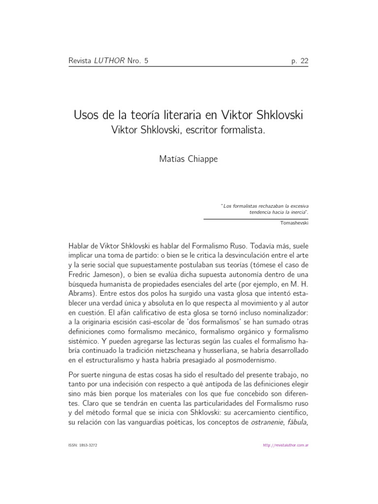 Chiappe, Matías. "Usos de La Teoría Literaria en Viktor Shklovski ...