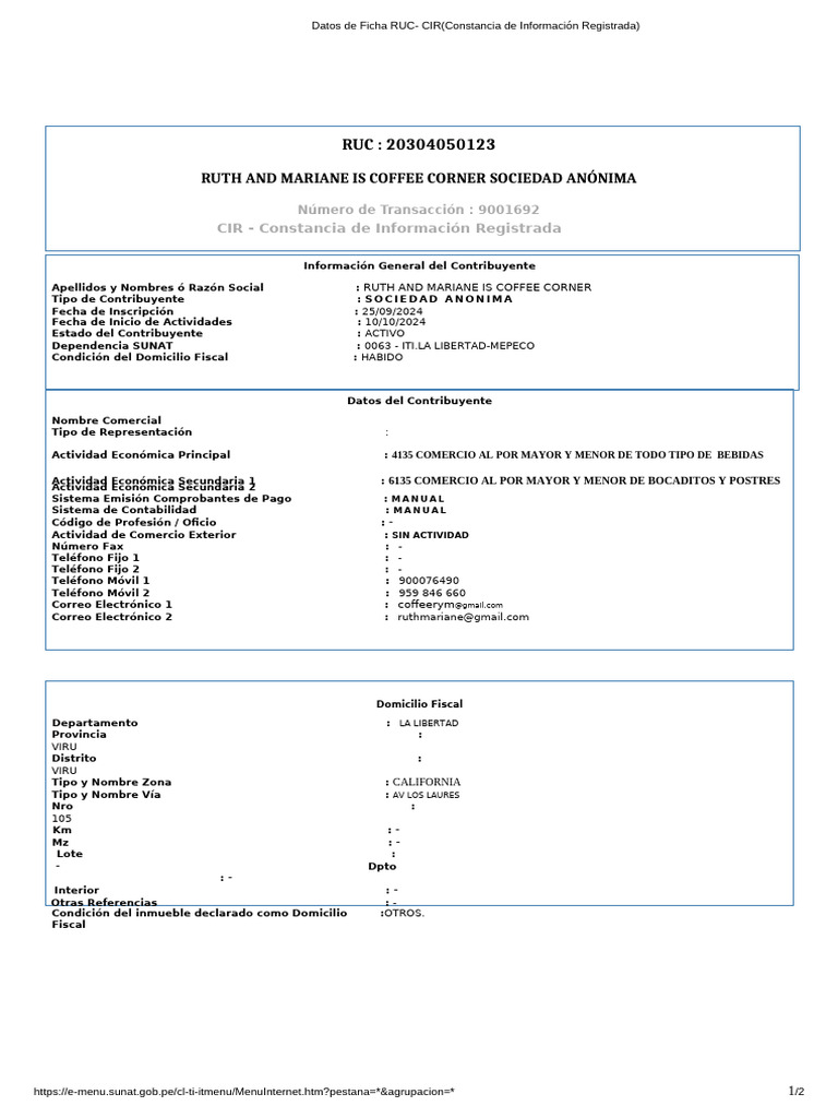 Ficha Ruc Origi | PDF | Industrias de servicio