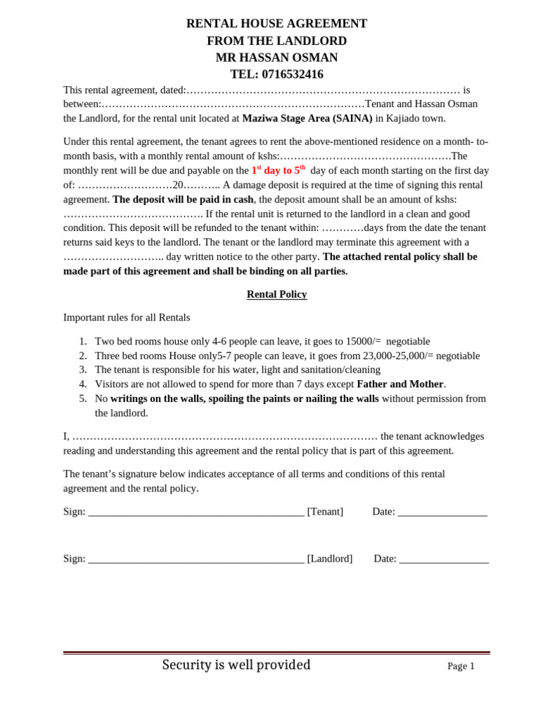 Rental House Agreement Form | PDF | Law