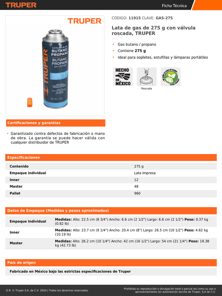 Lata de Gas de 275 G Con Válvula Roscada, TRUPER | PDF | Gases