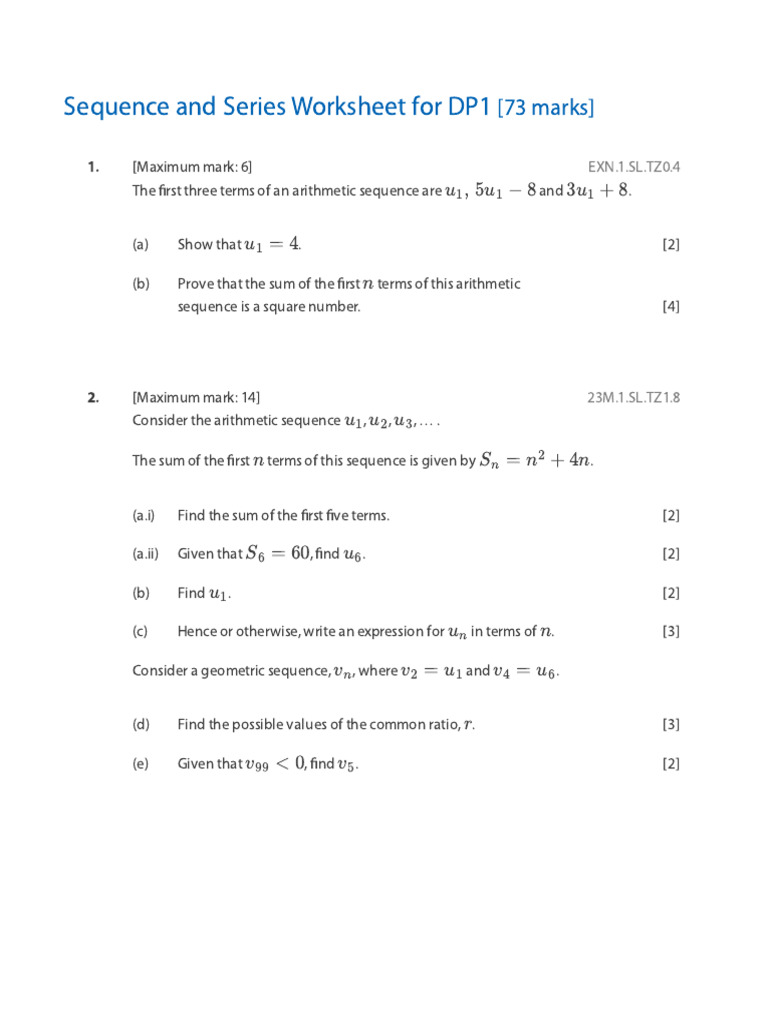 Sequence and Series Worksheet For DP1 | PDF | Sequence | Elementary ...