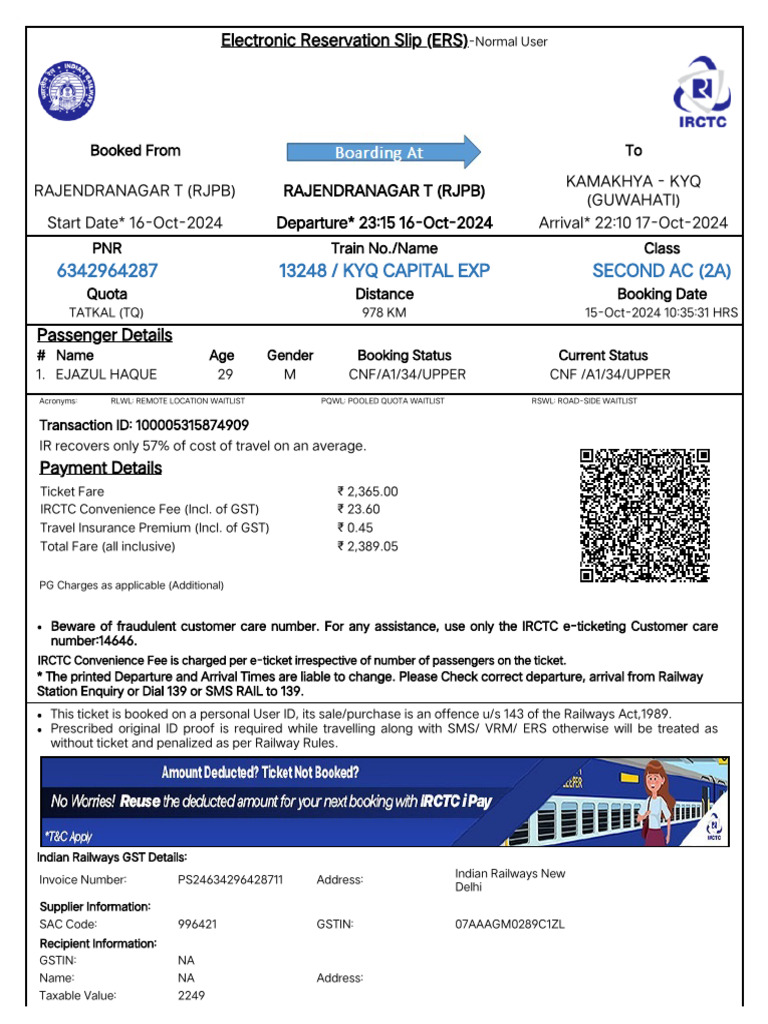 Kyq Capital Exp Second Ac (2A) : Electronic Reservation Slip (ERS) | PDF | Identity Document ...
