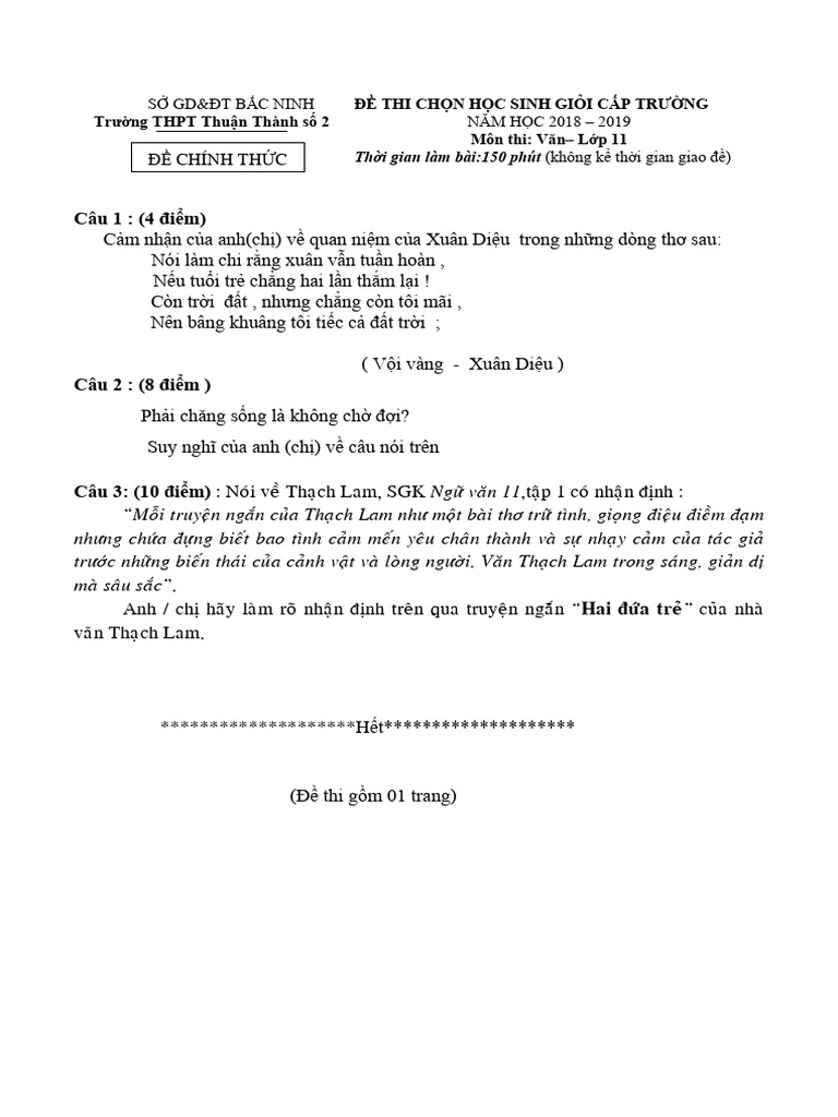 De Thi HSG Ngu Van 11 Nam 2018 2019 Truong Thuan Thanh 2 Bac Ninh | PDF