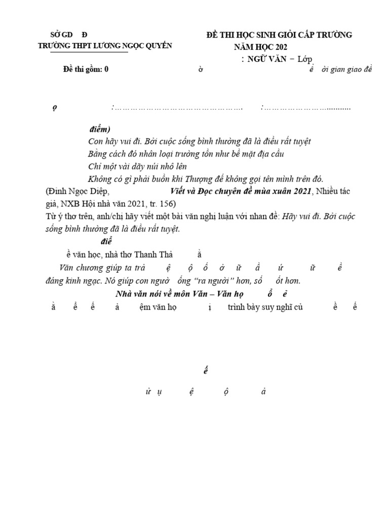 De Thi HSG Ngu Van 10 Nam 2023 2024 Truong THPT Luong Ngoc Quyen Thai Nguyen | PDF