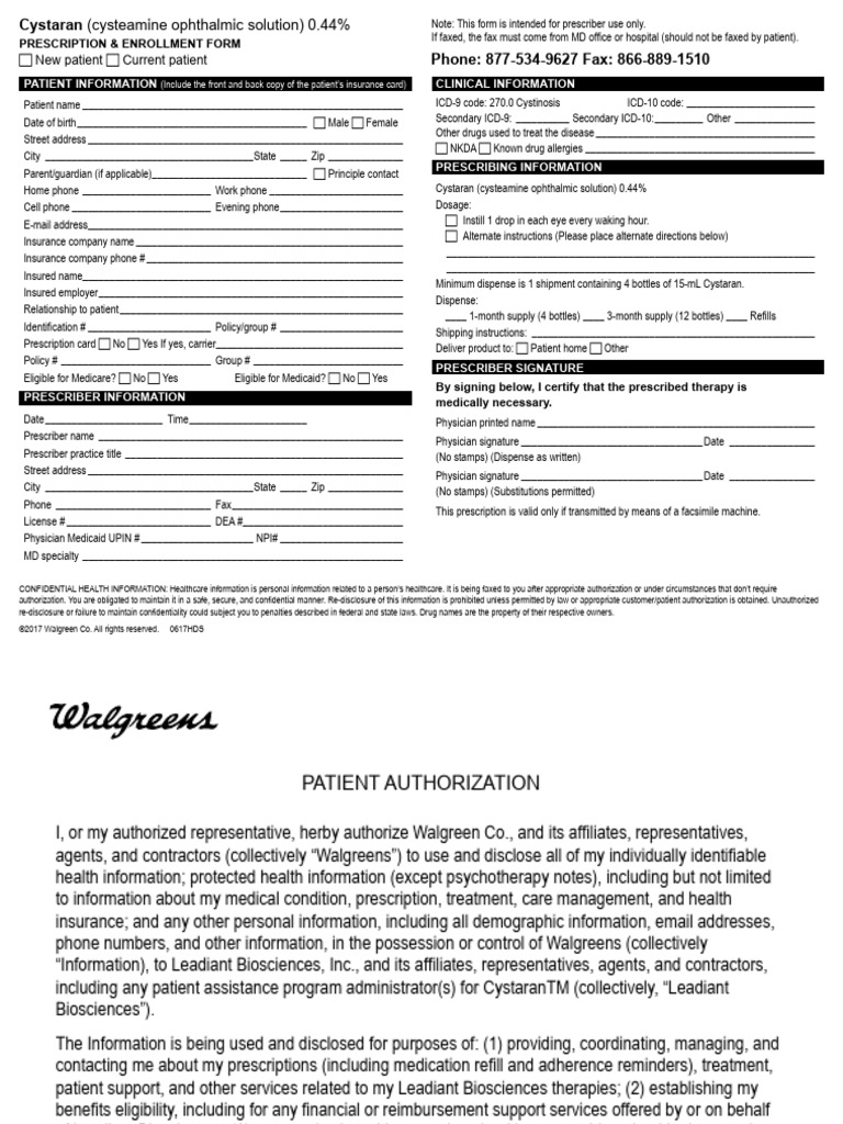 Cystaran Prescription Order Form Enrollment | PDF | Medical ...