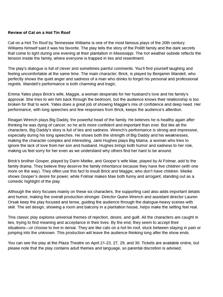 Review of Cat On A Hot Tin Roof | PDF | Art | Mystery, Thriller & Crime ...