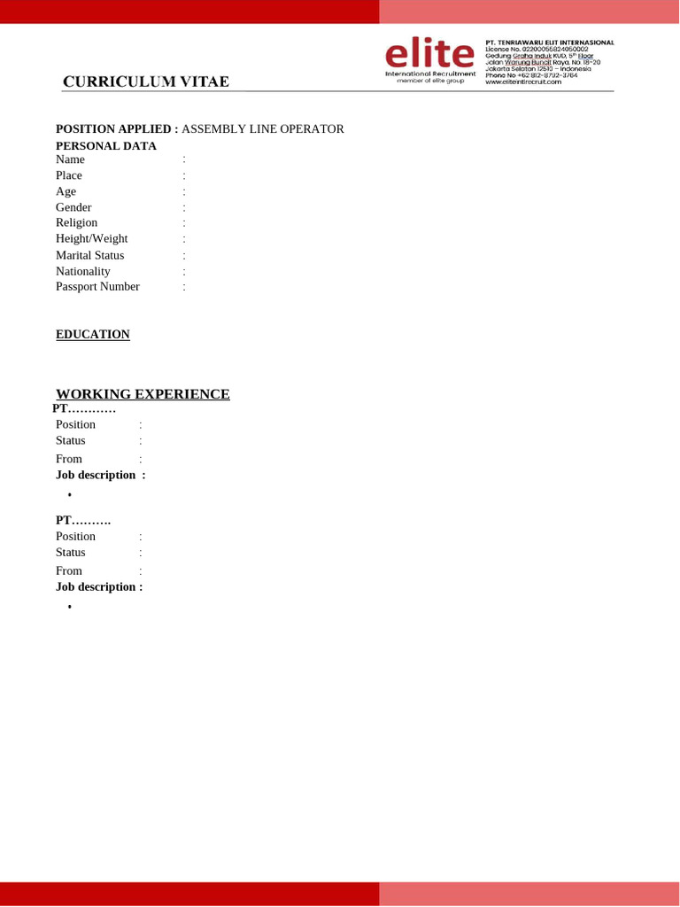 Assembly Line Operator Resume Form | PDF | Sports & Recreation