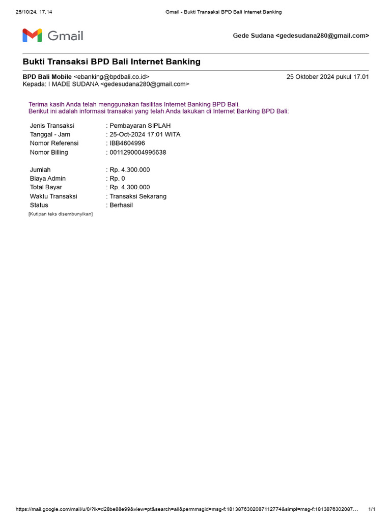 Bukti Transaksi BPD Bali Internet Banking4300 | PDF