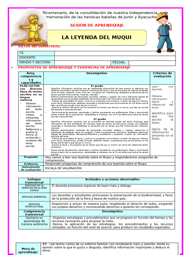 U7 S1 Sesion D4 Plan Lector El Muqui 998591174 | PDF | Aprendizaje | Información
