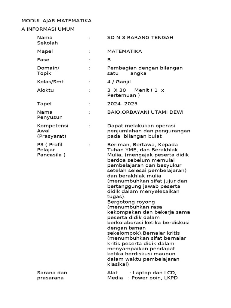 MODUL AJAR MATEMATIKA. OBSERVASI 2docx | PDF | Pengembangan Diri