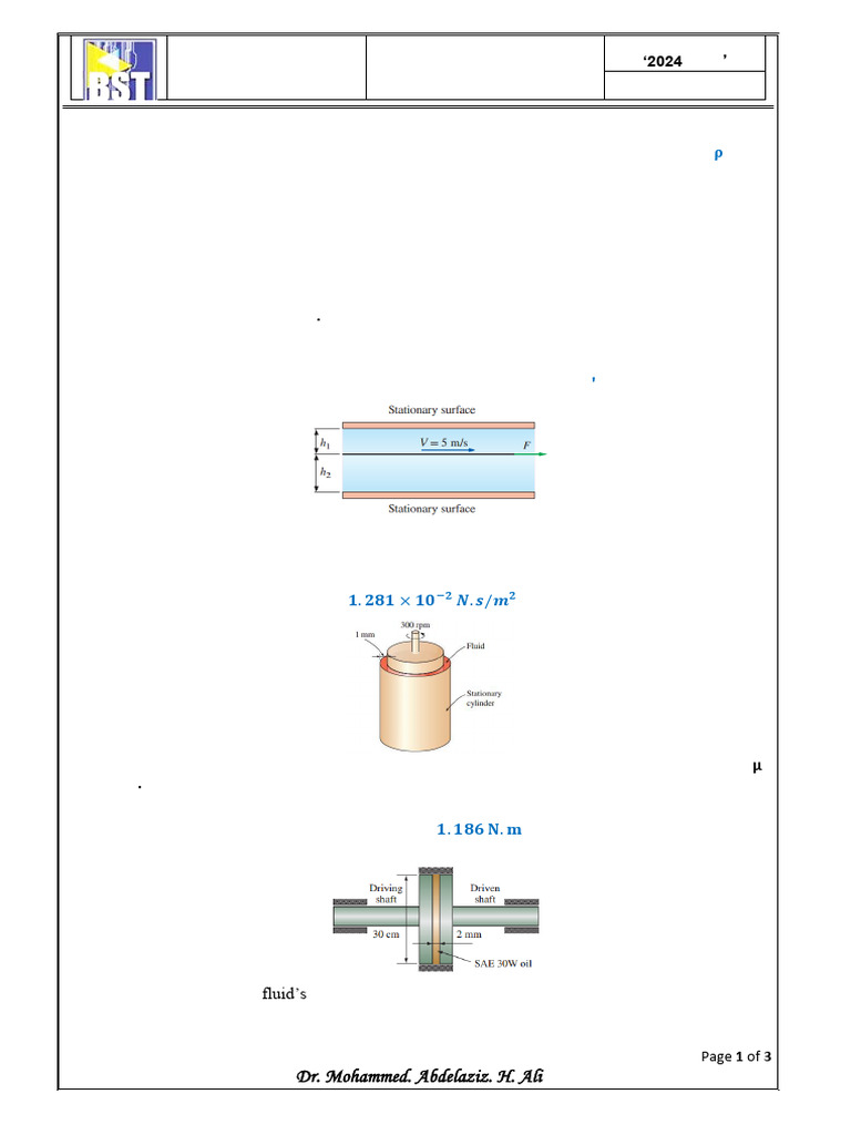Fluid Mechanics Sheet One_modified | PDF | Pressure | Viscosity