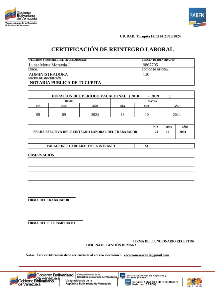 Certificacion de Reintegro Laboral | PDF