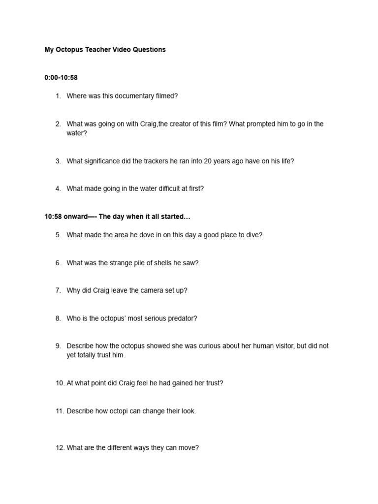 My Octopus Teacher Video Questions | PDF