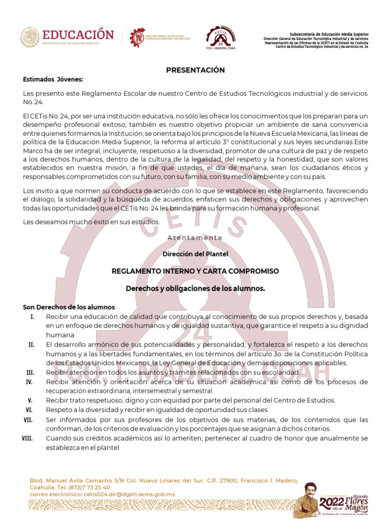 REGLAMENTO ESCOLAR CETis 24 - Actual - OCTUBRE 2022 | PDF | Lavado de manos