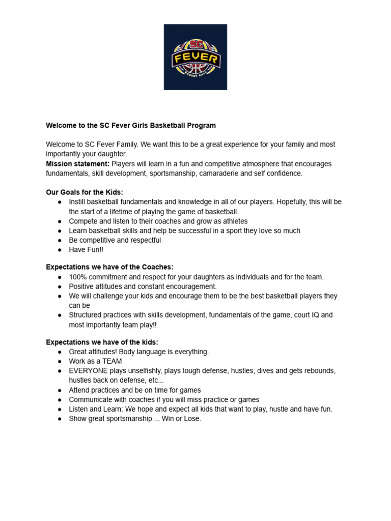 Welcome To The SC Fever Girls Basketball Program | PDF
