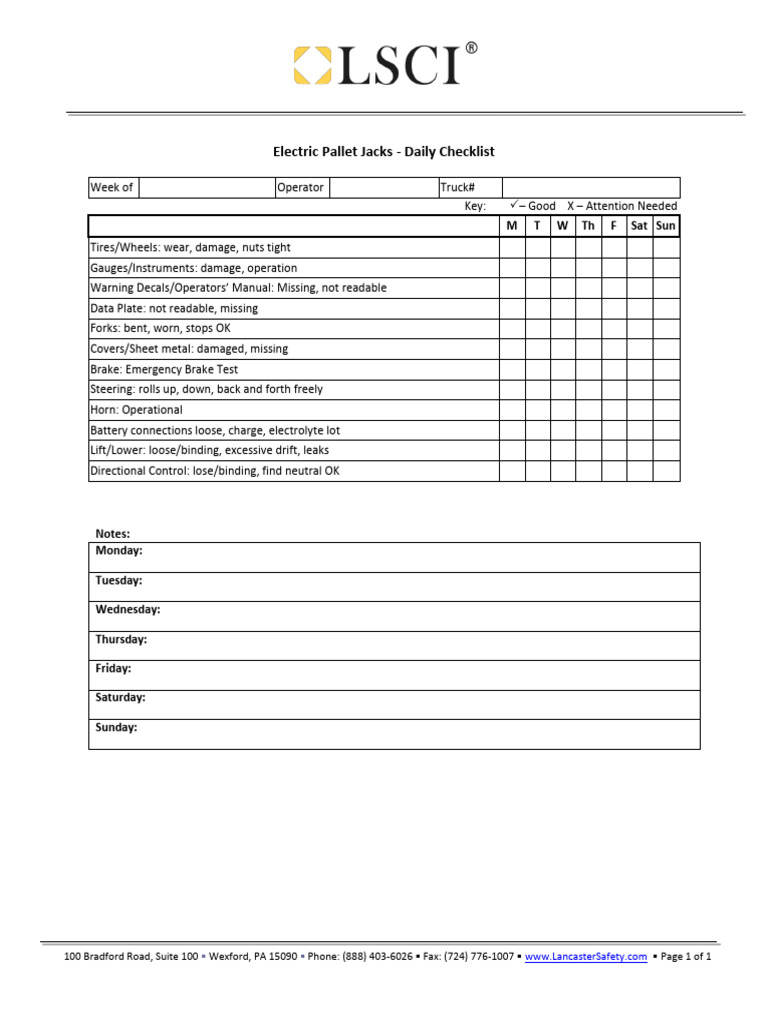 Daily Checklist - Electric Pallet Jacks | PDF