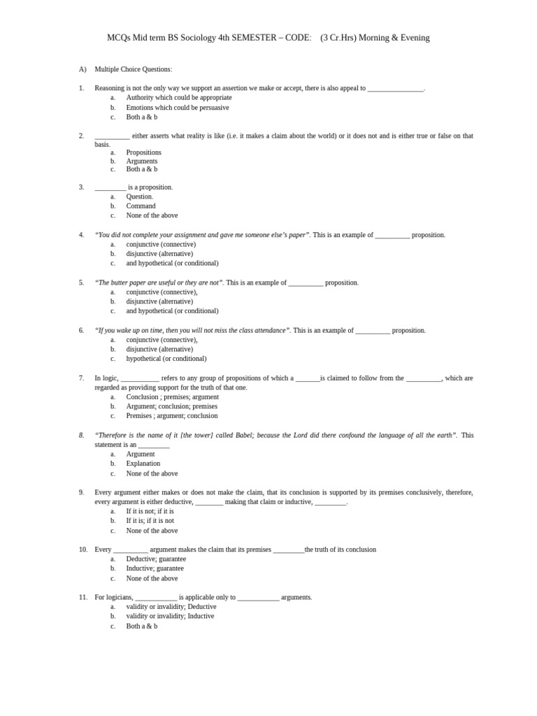 Sociology 4th Semester Logic MCQs | PDF | Argument | Deductive Reasoning